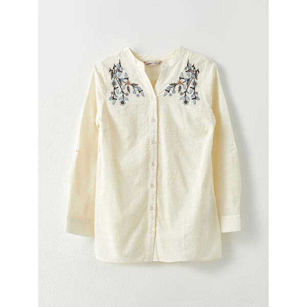 LCW GRACE Kaçık Yaka Nakışlı Uzun Kollu Pamuklu Kadın Gömlek