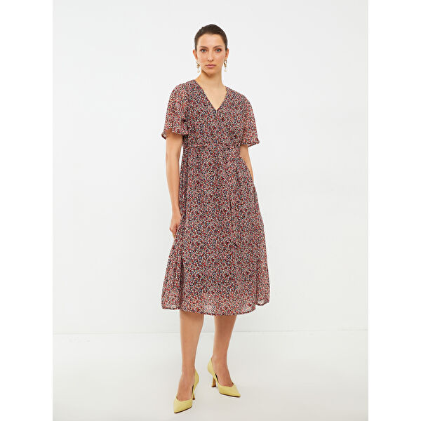 Kruvaze Yaka Desenli Kısa Kollu Şifon Kadın Elbise