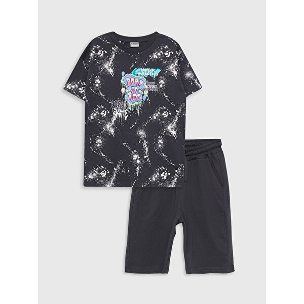 Bisiklet Yaka Baskılı Kısa Kollu Erkek Çocuk Tişört ve Bermuda