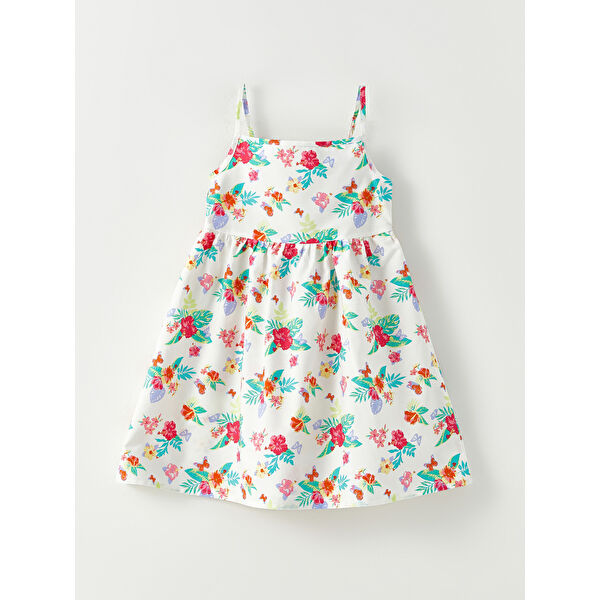 Kare Yaka Çizgili Askılı Poplin Kız Çocuk Elbise