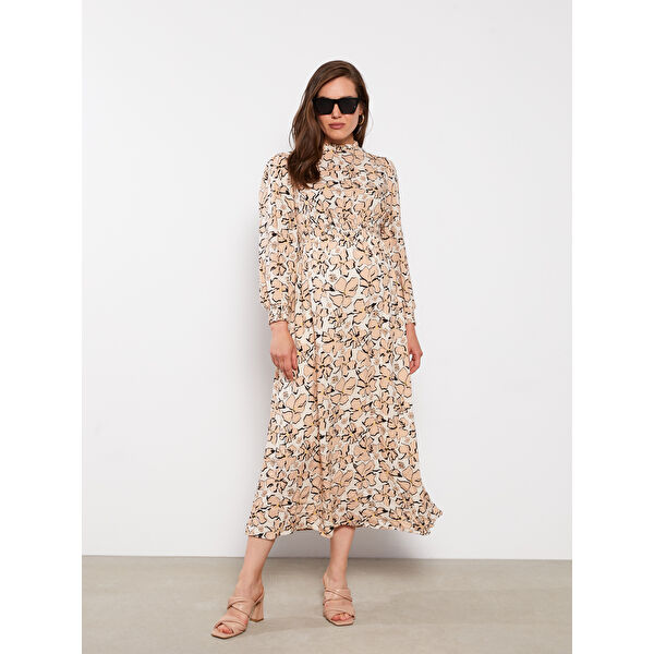 Fırfırlı Dik Yaka Desenli Uzun Kollu Viskon Hamile Elbise