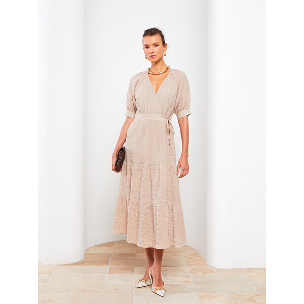 LCW VISION Kruvaze Yaka Kendinden Desenli Kısa Kollu Pamuklu Kadın Elbise