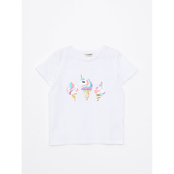 Bisiklet Yaka Pul İşlemeli Kısa Kollu Pamuklu Kız Çocuk Tişört Bisiklet Yaka Pul İşlemeli Kısa Kollu Pamuklu Kız Çocuk Tişört