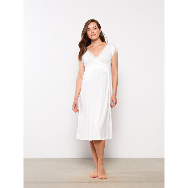 V Yaka Düz Kısa Kollu Hamile Gecelik