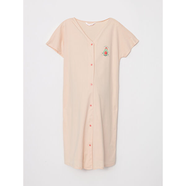 LCW DREAM V Yaka Baskılı Kısa Kollu Pamuklu Kadın Gecelik