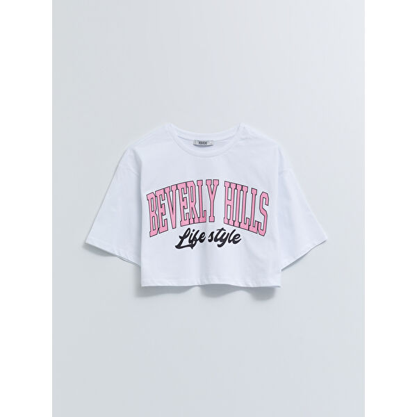 XSIDE Bisiklet Yaka Yazı Baskılı Kısa Kollu Crop Pamuklu Kadın Tişört