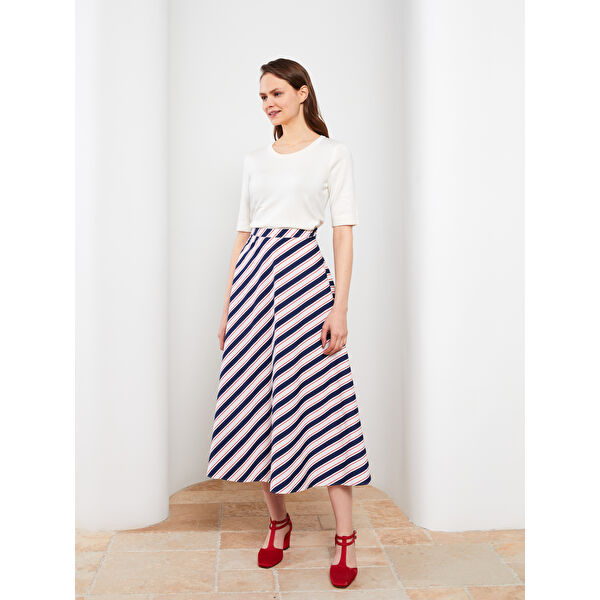 MODEST Beli Fermuarlı Çizgili Poplin Kadın Volanlı Etek