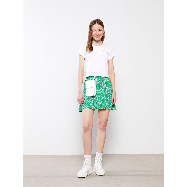 XSIDE Bisiklet Yaka Nakışlı Kısa Kollu Crop Kadın Tişört