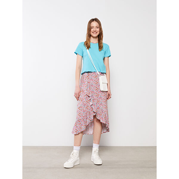 XSIDE Bisiklet Yaka Nakışlı Kısa Kollu Crop Kadın Tişört