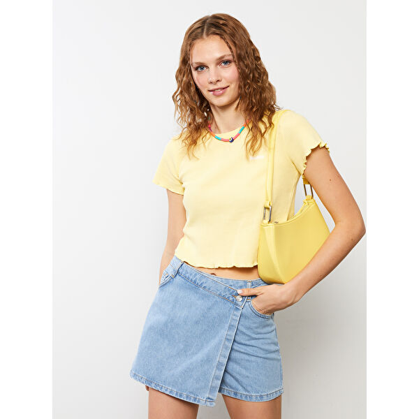 XSIDE Bisiklet Yaka Nakışlı Kısa Kollu Crop Kadın Tişört