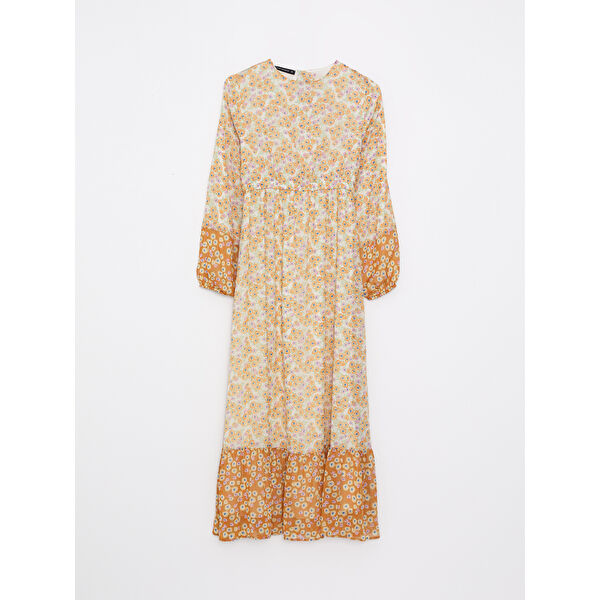 MODEST Bisiklet Yaka Çiçekli Uzun Kollu Şifon Kadın Elbise