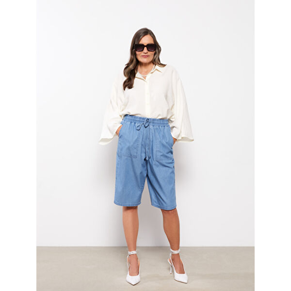 Beli Lastikli Düz Cep Detaylı Kadın Jean Şort