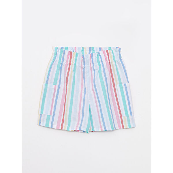 Beli Lastikli Çizgili Poplin Kız Çocuk Şort