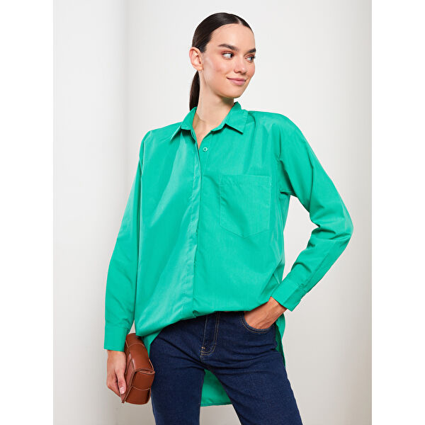 Gömlek Yaka Düz Uzun Kollu Oversize Poplin Kadın Tunik