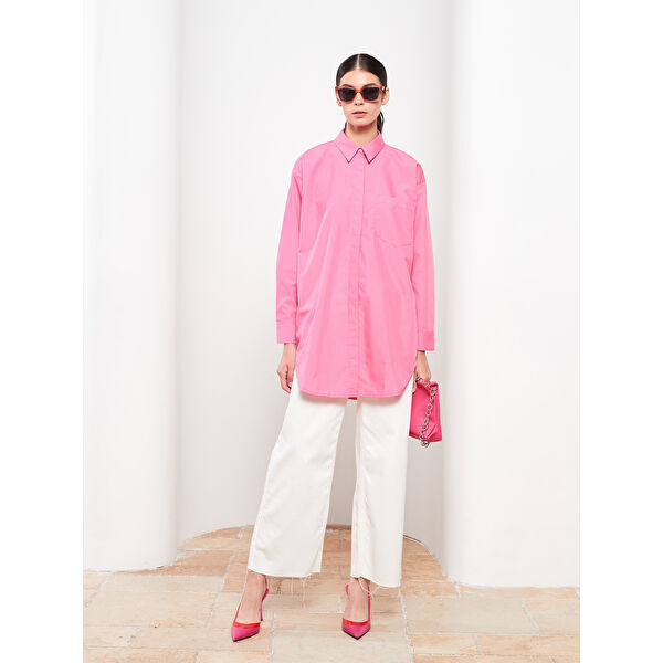 Gömlek Yaka Düz Uzun Kollu Oversize Poplin Kadın Tunik