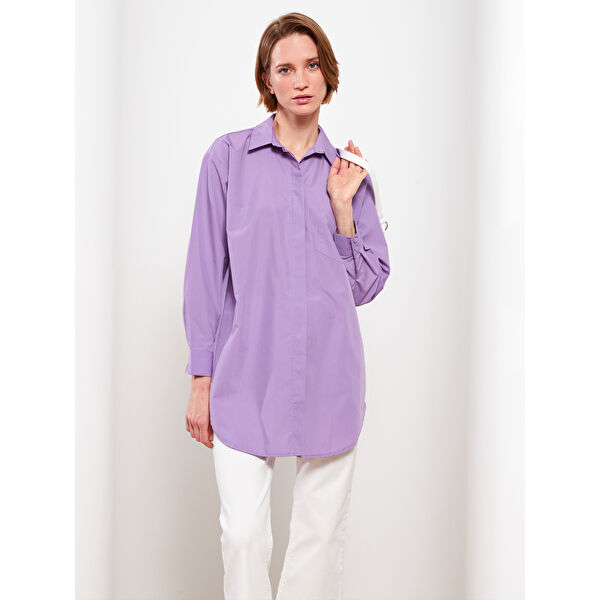 Gömlek Yaka Düz Uzun Kollu Oversize Poplin Kadın Tunik