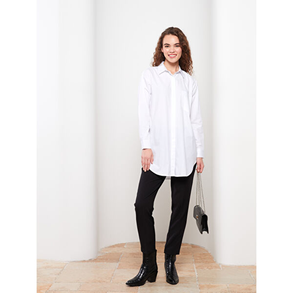 Gömlek Yaka Düz Uzun Kollu Oversize Poplin Kadın Tunik