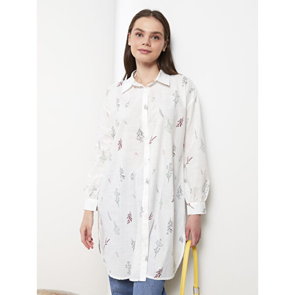 MODEST Gömlek Yaka Çiçekli Uzun Kollu Poplin Kadın Tunik