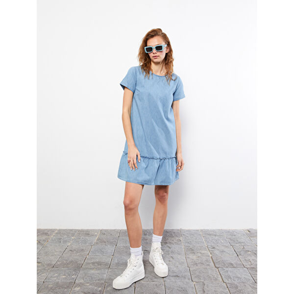 Bisiklet Yaka Düz Kısa Kollu A Kesim Kadın Jean Elbise