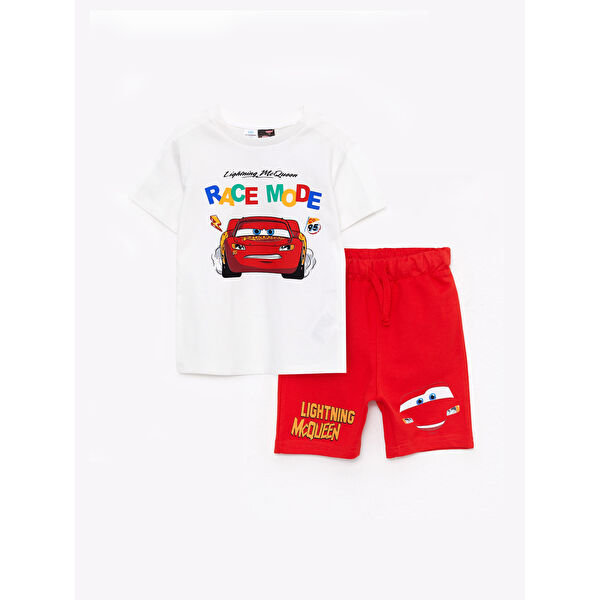 Bisiklet Yaka Kısa Kollu Arabalar Baskılı Erkek Bebek Tişört ve Şort 2'li Takım