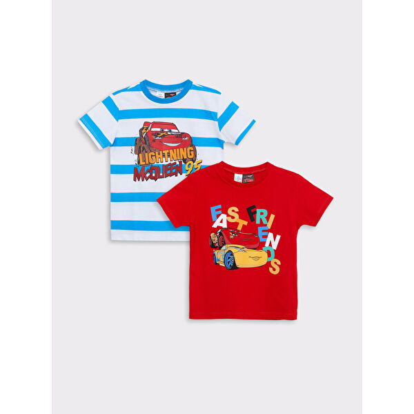 Bisiklet Yaka Kısa Kollu Arabalar Baskılı Erkek Bebek Tişört 2'li