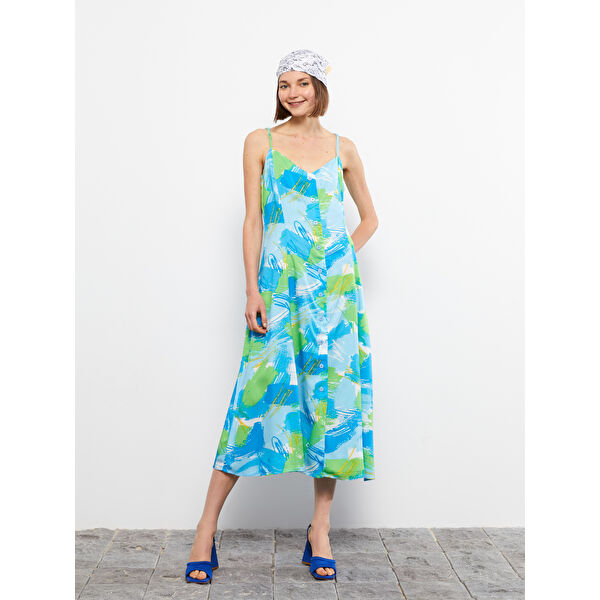 Kalp Yaka Çiçekli Askılı Viskon Kadın Elbise