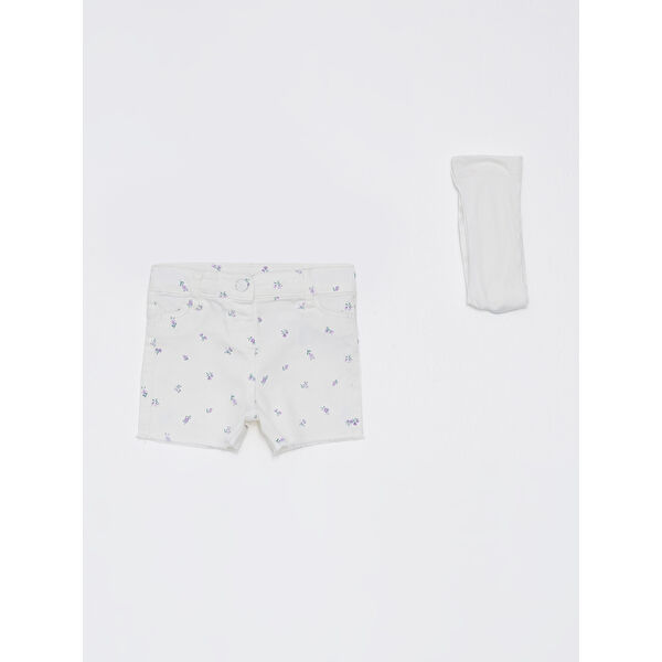 Baskılı Kız Bebek Şort ve Külotlu Çorap 2'li