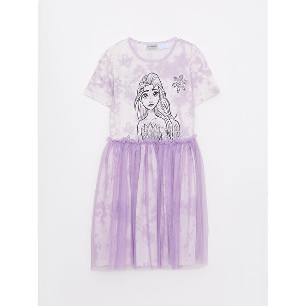 Bisiklet Yaka Elsa Baskılı Kısa Kollu Kız Çocuk Elbise