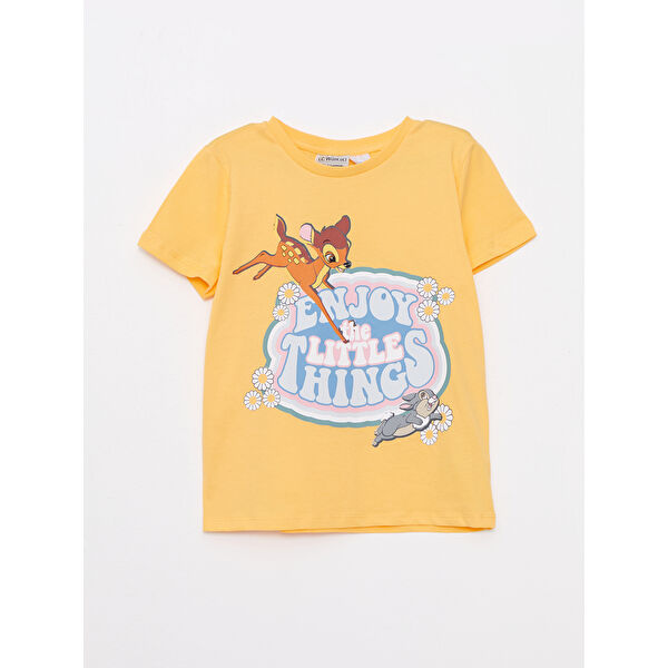 Bisiklet Yaka Bambi Baskılı Kısa Kollu Pamuklu Kız Çocuk Tişört