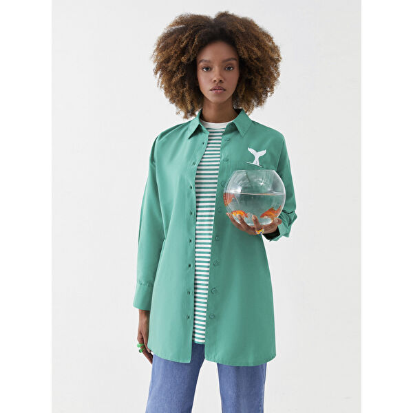 MODEST Gömlek Yaka Baskılı Uzun Kollu Oversize Poplin Kadın Tunik