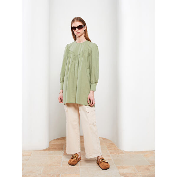 MODEST Bisiklet Yaka Düz Uzun Kollu Oversize Poplin Kadın Tunik