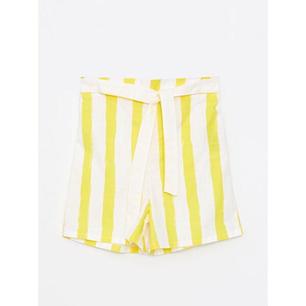 Beli Lastikli Çizgili Poplin Kız Çocuk Şort