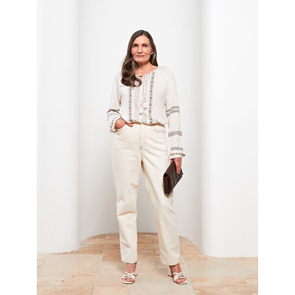 LCW GRACE Bağlamalı Yaka Nakışlı Uzun Kollu Kadın Tişört