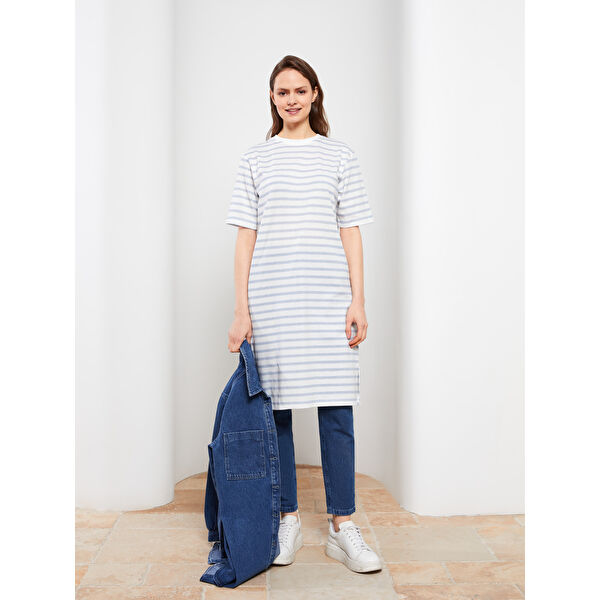 MODEST Bisiklet Yaka Çizgili Kısa Kollu Kadın Tunik