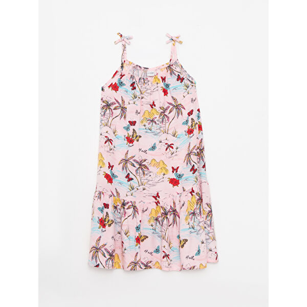 Kare Yaka Desenli Askılı Kız Çocuk Elbise