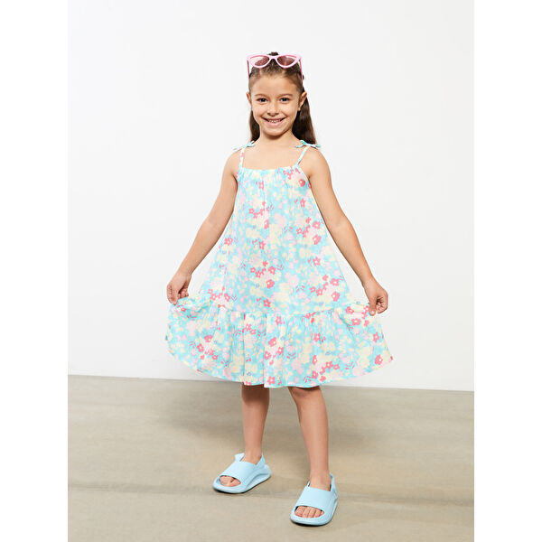 Kare Yaka Desenli Askılı Kız Çocuk Elbise