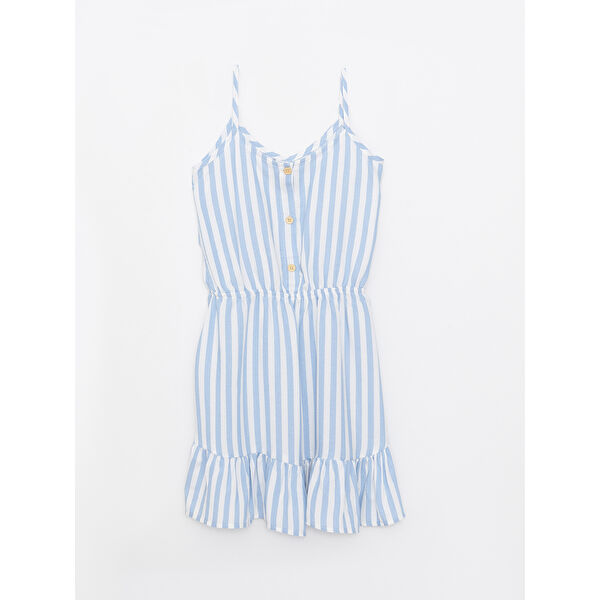 U Yaka Çizgili Askılı Poplin Kız Çocuk Elbise