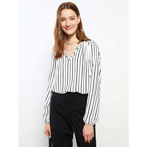 LCW CLASSIC Kaçık Yaka Çizgili Uzun Kollu Viskon Kadın Bluz