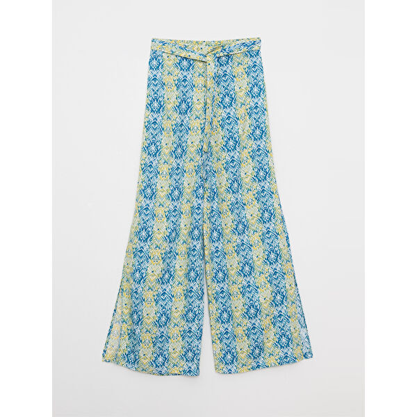 Beli Lastikli Desenli Geniş Paça Viskon Kız Çocuk Pantolon