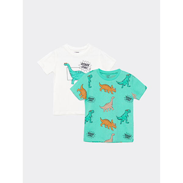 Bisiklet Yaka Kısa Kollu Baskılı Pamuklu Erkek Bebek Tişört 2'li