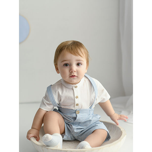 KANZ Bisiklet Yaka Kısa Kollu Çizgili Erkek Bebek Tişört ve Şort 2'li Takım