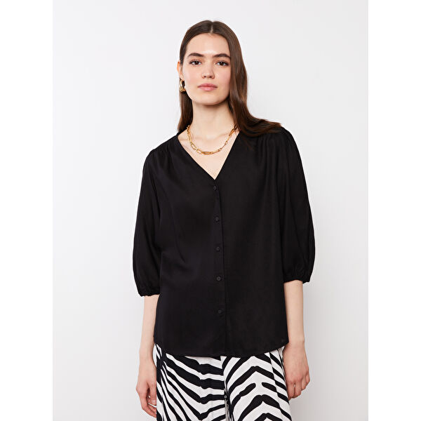 V Yaka Düz Viskon Kadın Gömlek