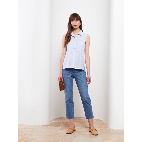 Önden Düğme Kapamalı Düz Kolsuz Pamuklu Kadın Gömlek