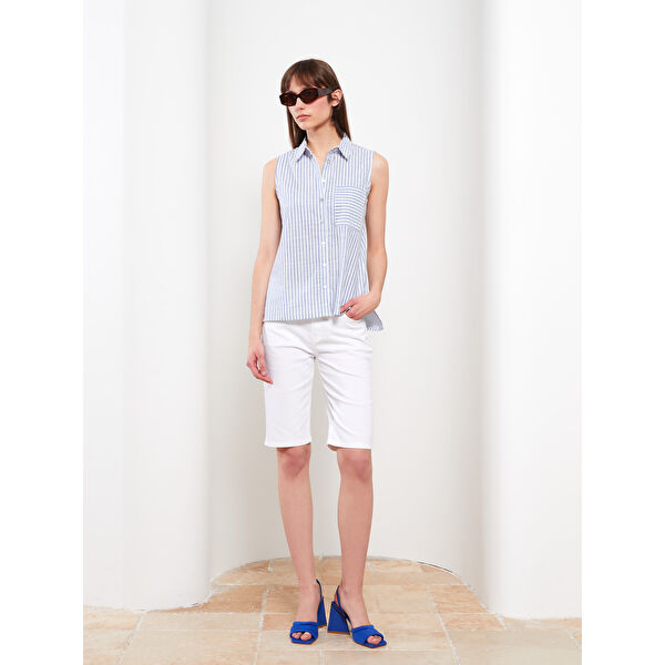 Önden Düğme Kapamalı Çizgili Kolsuz Pamuklu Kadın Gömlek