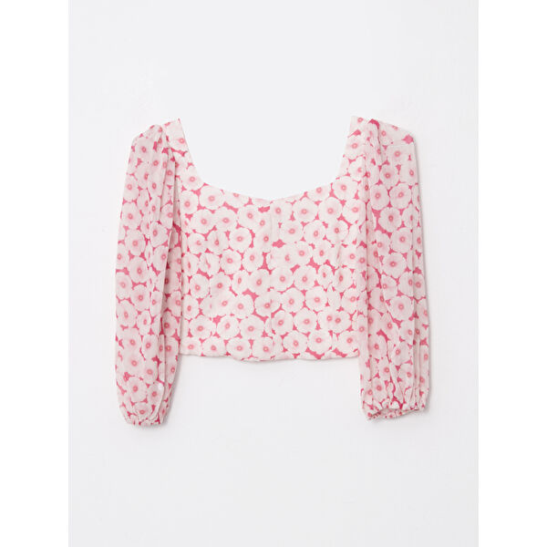 XSIDE Kalp Yaka Desenli Uzun Kollu Crop Şifon Kadın Bluz