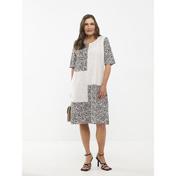 Bisiklet Yaka Renk Bloklu Kısa Kollu Poplin Kadın Elbise