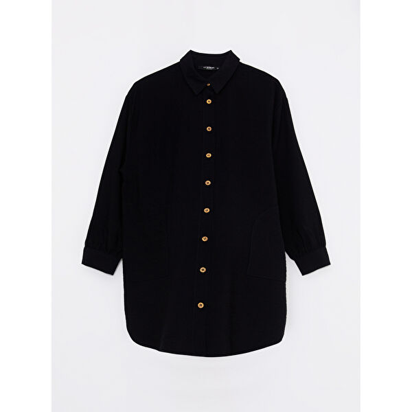 Gömlek Yaka Düz Uzun Kollu Keten Hamile Tunik