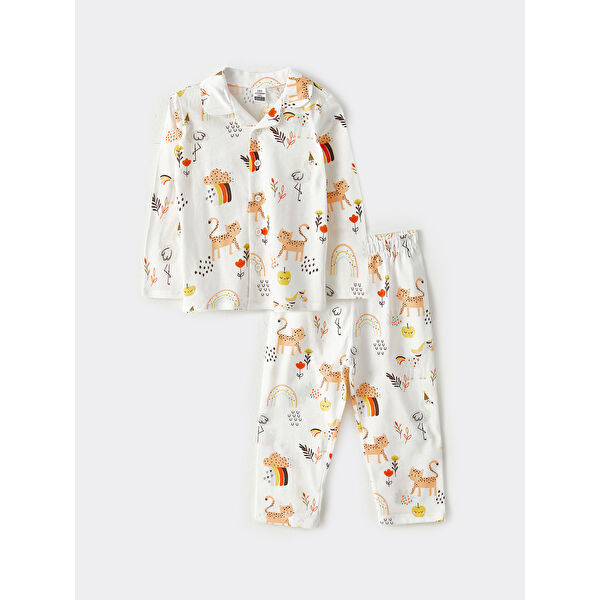 Polo Yaka Uzun Kollu Baskılı Pamuklu Kız Bebek Pijama Takımı