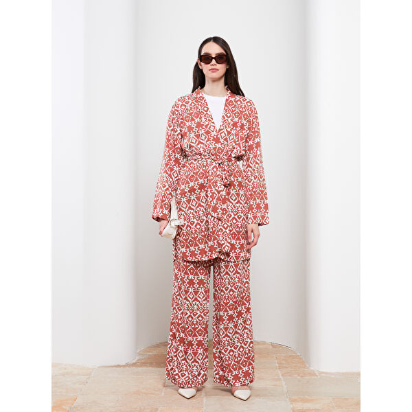 MODEST Şal Yaka Desenli Uzun Kollu Oversize Viskon Kadın Kimono