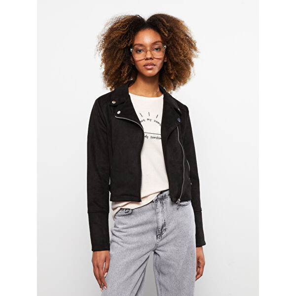 LCW CASUAL Biker Yaka Düz Uzun Kollu Kadın Deri Görünümlü Mont